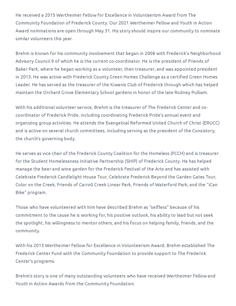 Peter Brehm’s selfless commitment to his community - The Frederick Center